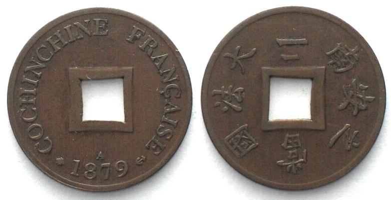 Franz. Cochinchina FRENCH COCHINCHINA 2 Sapeque 1879 A Bronze VF-XF VF ...