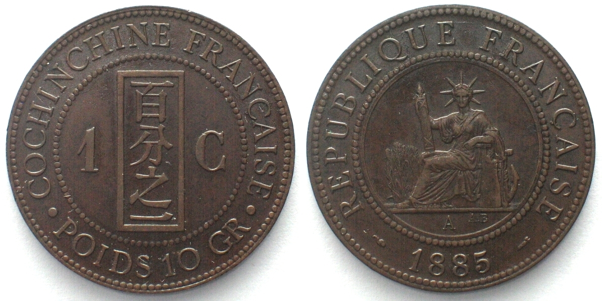 Franz. Cochinchina FRENCH COCHINCHINA. 1 Cent 1885 A, bronze, KEY DATE ...