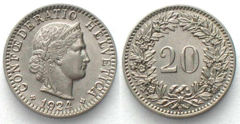 Schweiz SWITZERLAND 20 Rappen 1924 nickel AU! | MA-Shops