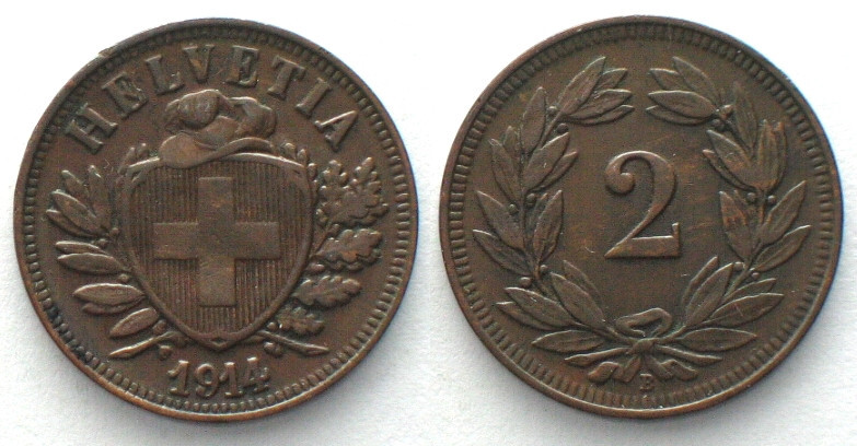 Schweiz SWITZERLAND 2 Rappen 1914 Bronze XF | MA-Shops