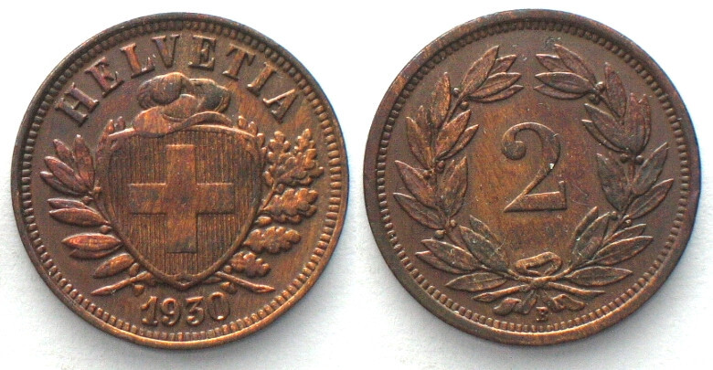Schweiz SWITZERLAND 2 Rappen 1930 Bronze XF+! EF+ | MA-Shops