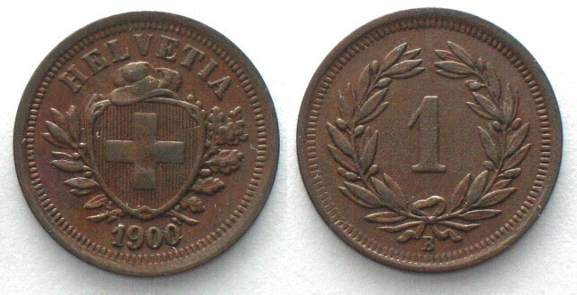 Schweiz SWITZERLAND 1 Rappen 1900 bronze XF! | MA-Shops