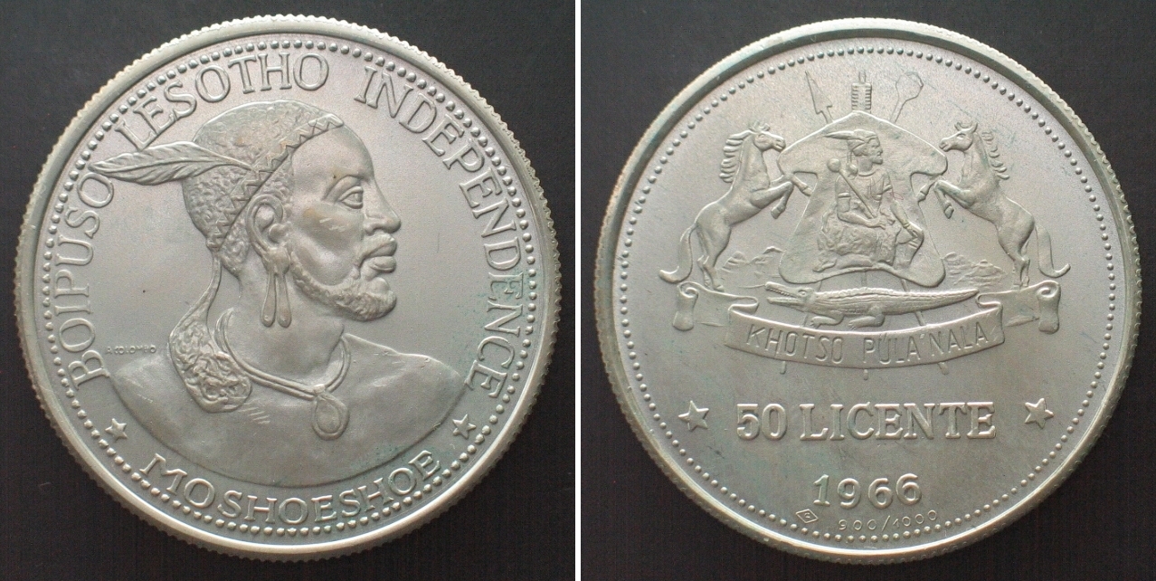 LESOTHO 50 Licente 1966 fineness below date MOSHOESHOE II silver matte ...