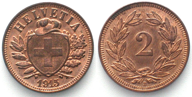 Schweiz SWITZERLAND 2 Rappen 1915 Bronze Prooflike specimen! | MA-Shops