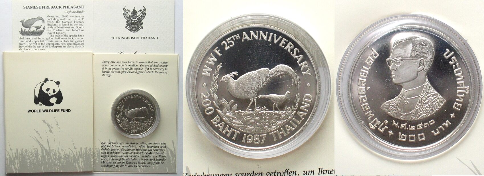 THAILAND. 200 Baht 1987, Siamese Fireback Pheasant, WWF, silver, Proof ...