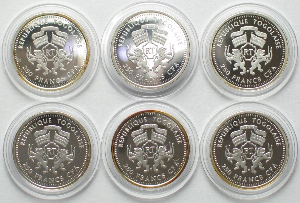 TOGO. Complete Set 6 x 250 Francs 2010, Soccer World Cup, silver, VERY ...