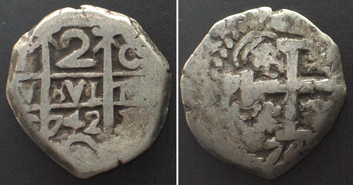 Bolivien BOLIVIA. 2 Reales 1742 P C, Potosi, PHILIP V, silver, COB ...