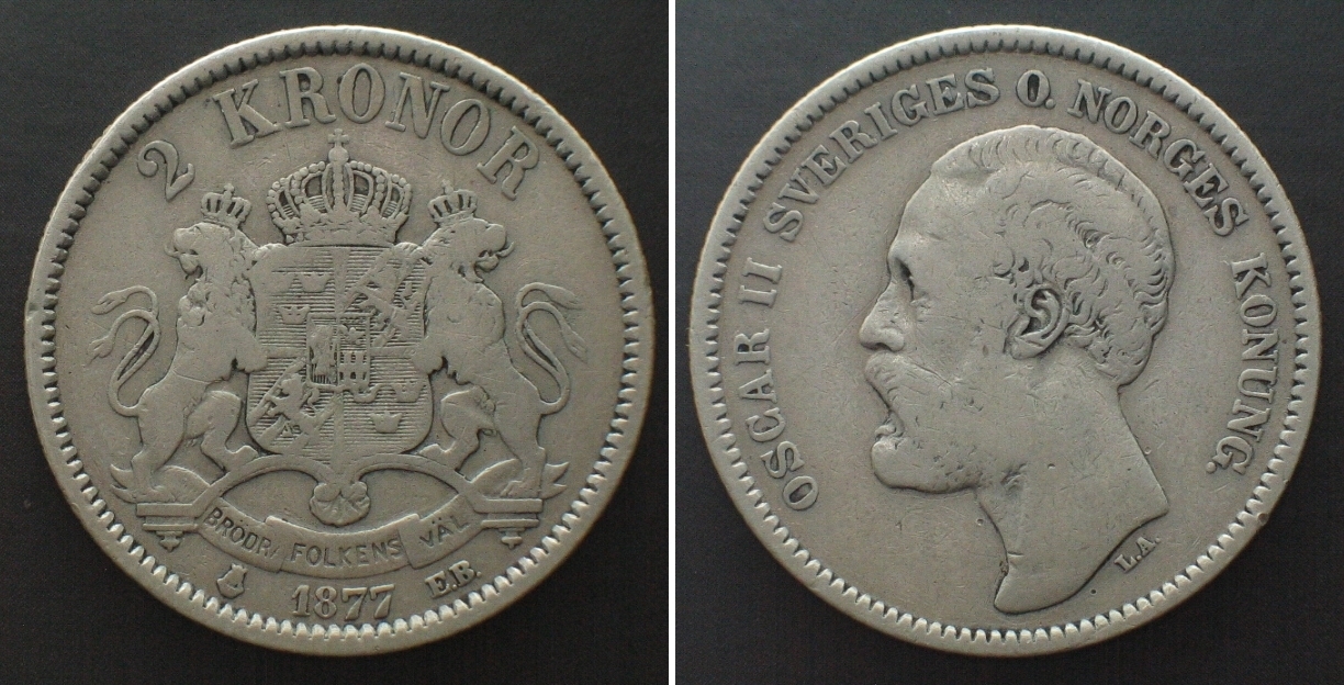 Schweden SWEDEN 2 Kronor 1877 EB OSCAR II silver VF | MA-Shops