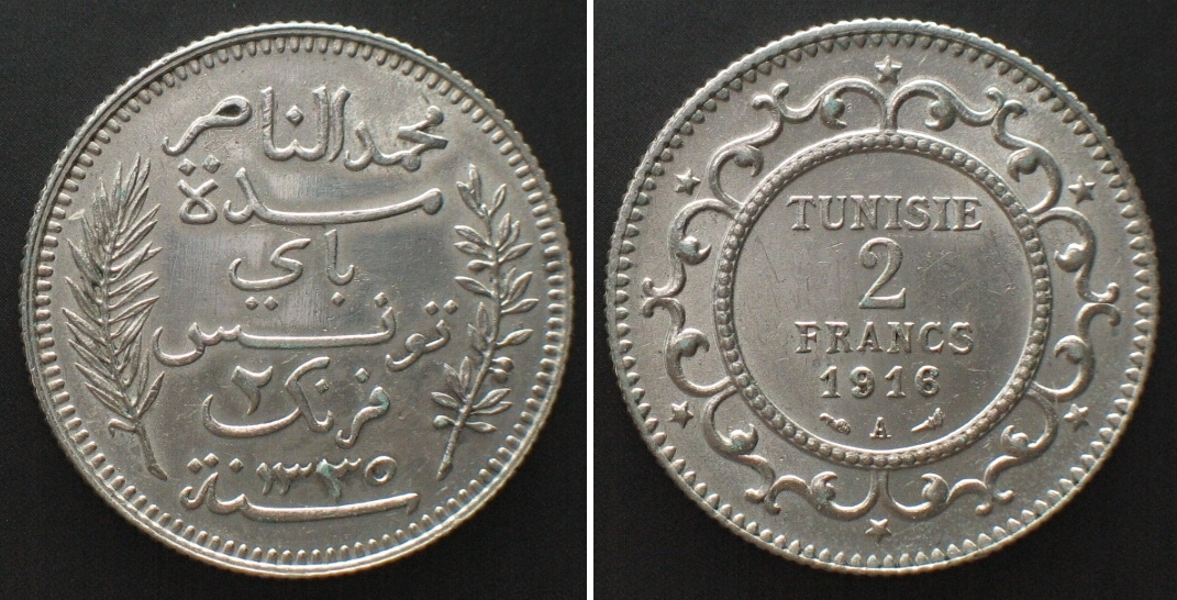 Tunesien TUNISIA. 2 Francs AH 1335 / 1916 A, silver, UNC-! | MA-Shops