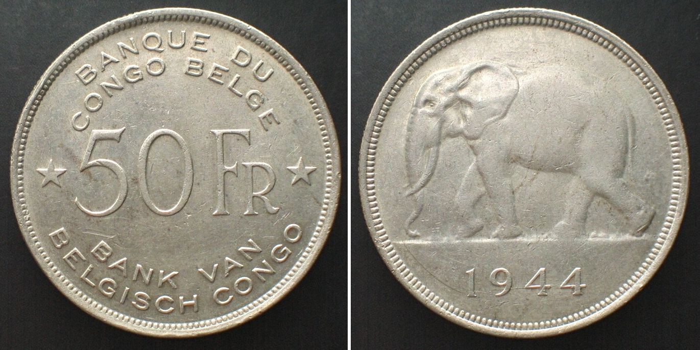 Belgisch Kongo BELGIAN CONGO. 50 Francs 1944, ELEPHANT, silver, AU | MA-Shops