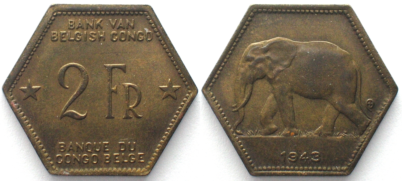 Belgisch Kongo BELGIAN CONGO 2 Francs 1943 ELEPHANT Brass XF+ AU | MA-Shops