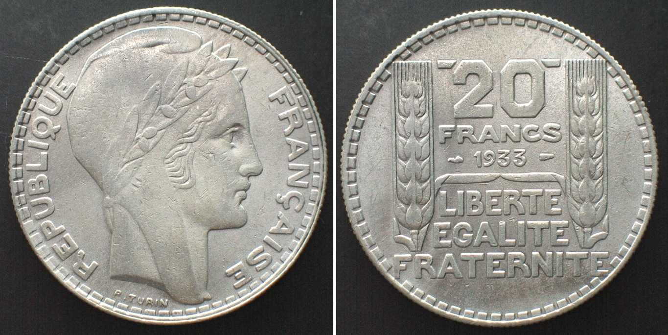 Frankreich FRANCE 20 Francs 1933 TURIN silver UNC-! | MA-Shops