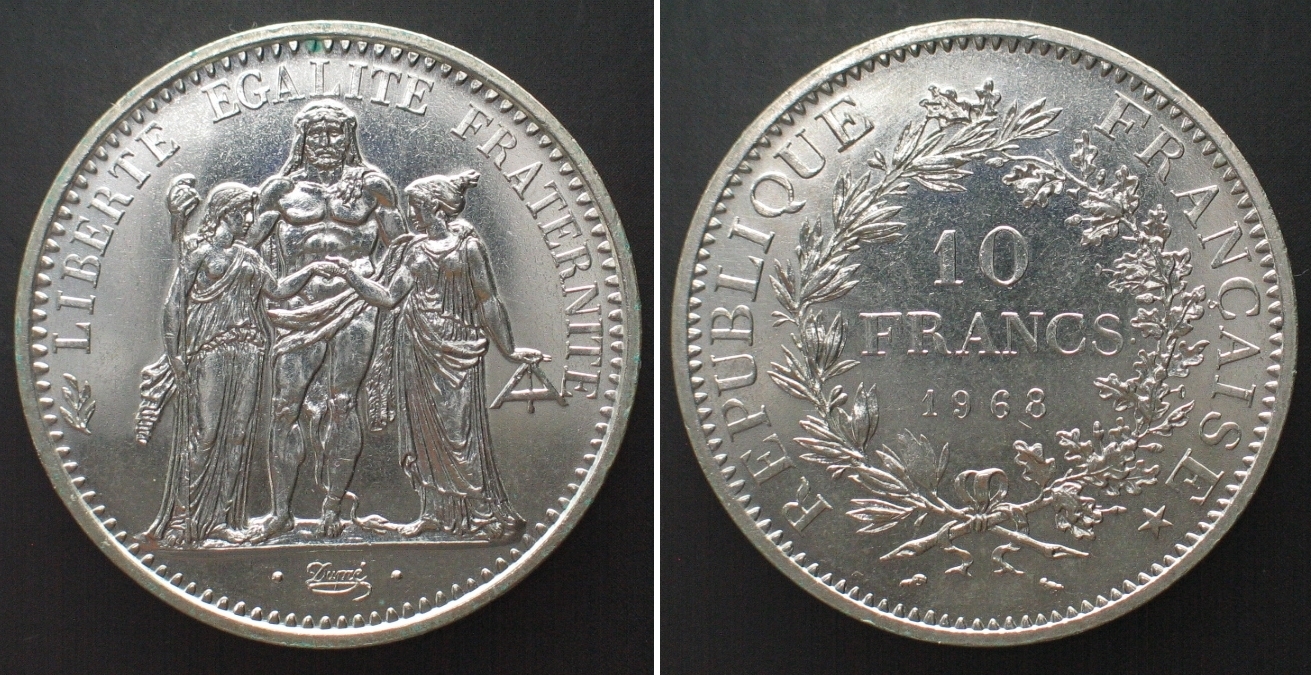 Frankreich FRANCE 10 Francs 1968 HERCULES silver UNC | MA-Shops