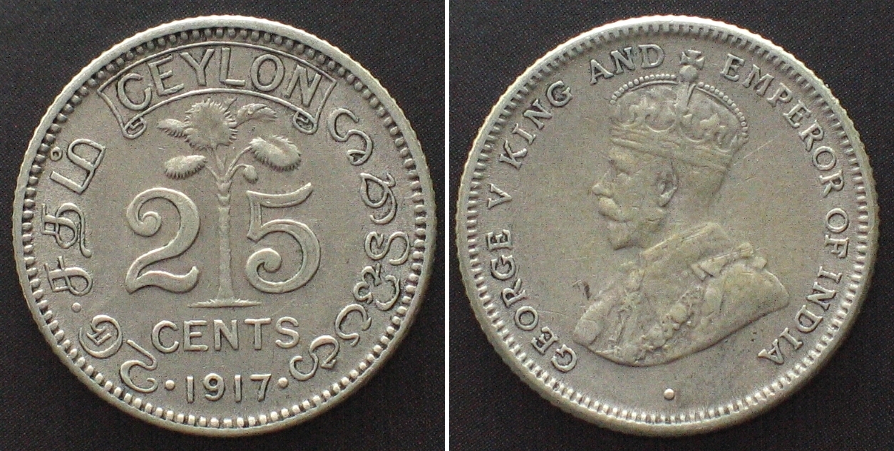 CEYLON 25 Cents 1917 GEORGE V silver XF KEY DATE! EF | MA-Shops