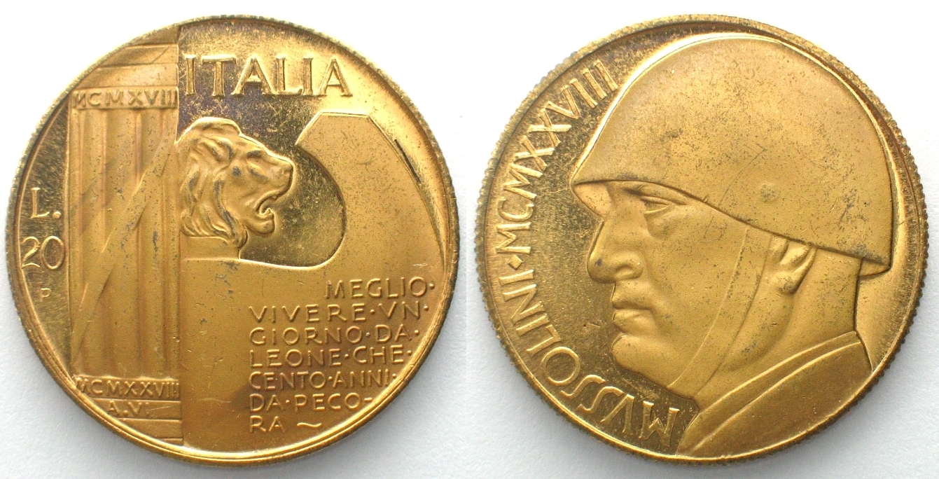 Italien ITALY 20 Lire 1928 MUSSOLINI gilt bronze Proof | MA-Shops