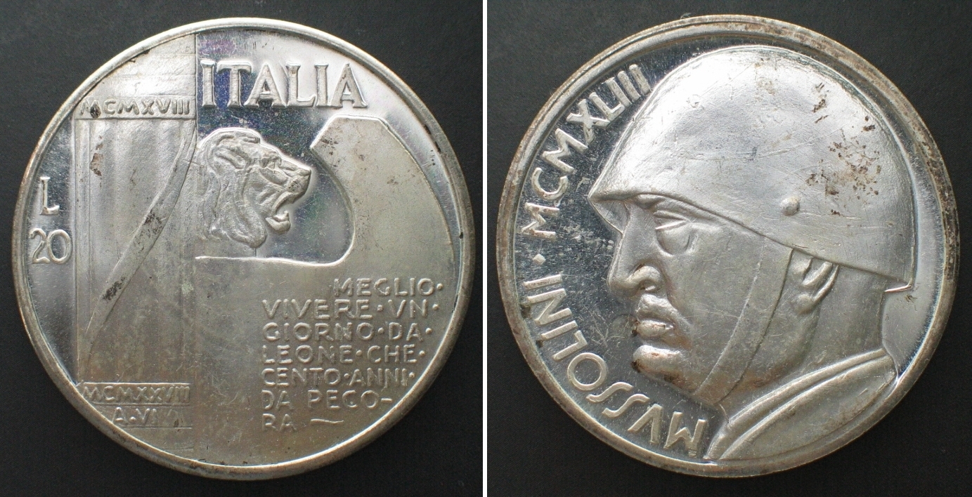 Italien ITALY 20 Lire 1943 MUSSOLINI silvered bronze Prooflike | MA-Shops