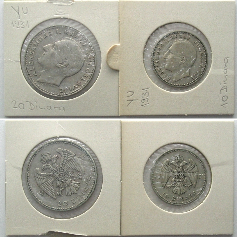 Jugoslawien YUGOSLAVIA Kingdom 10 & 20 Dinara 1931 ALEXANDER I silver EF/AU | MA-Shops