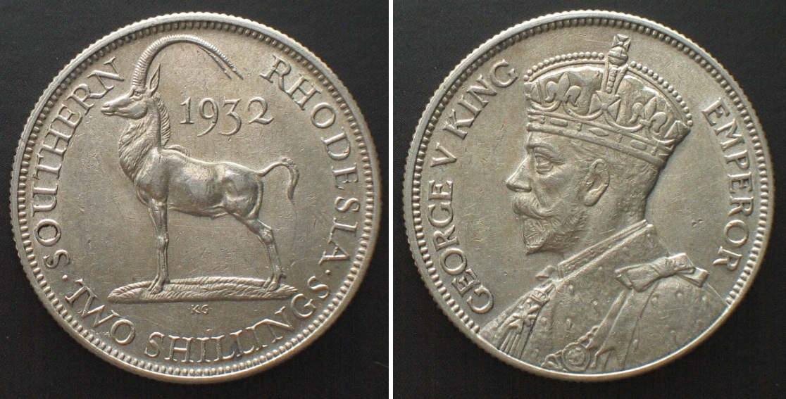 Südrhodesien SOUTHERN RHODESIA 2 Shillings 1932 GEORGE V Antelope ...