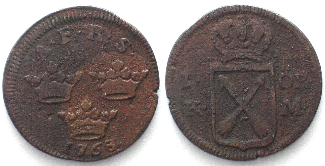 Schweden SWEDEN 1 Öre 1768 Large shield ADOLF FREDERICK copper VF+ | MA ...