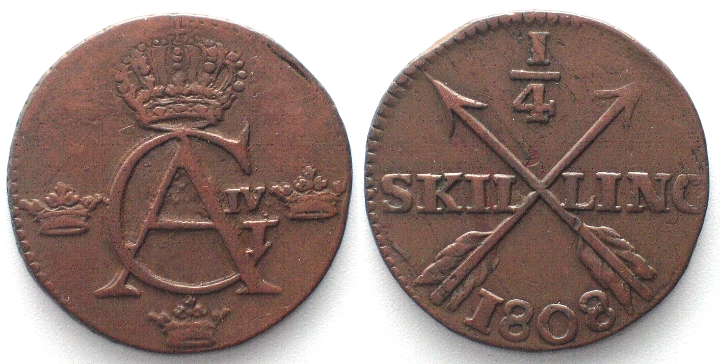 Schweden SWEDEN 1/4 Skilling 1808 GUSTAV IV ADOLF copper AU! | MA-Shops