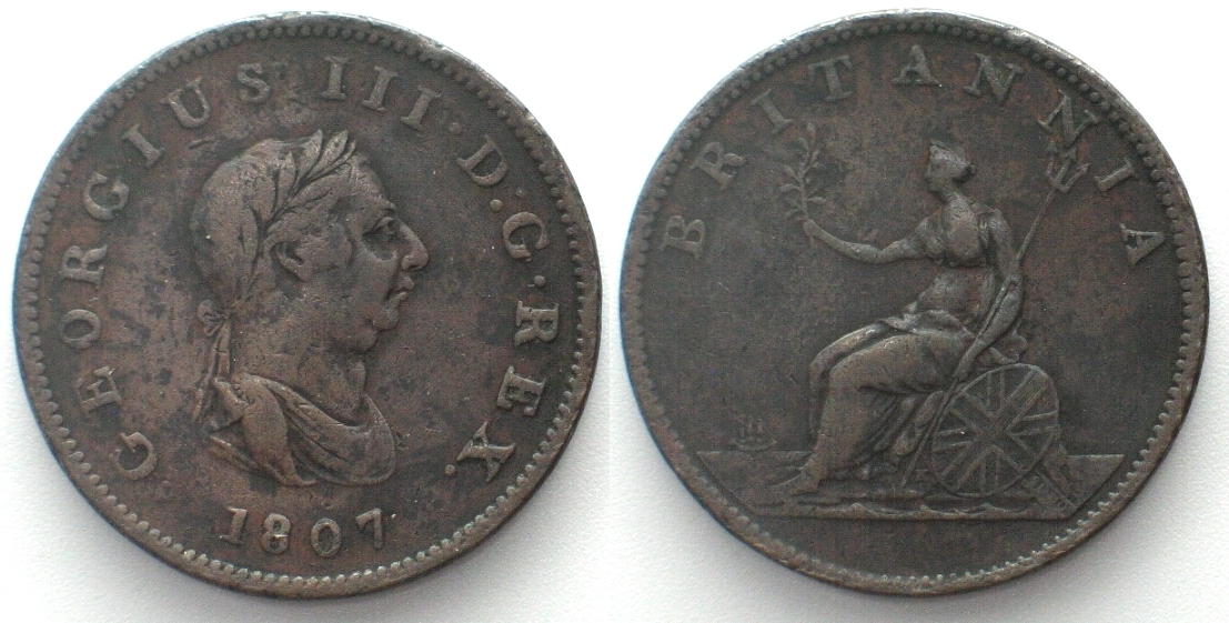 England GREAT BRITAIN Halfpenny 1807 GEORGE III BRITANNIA copper VF ...