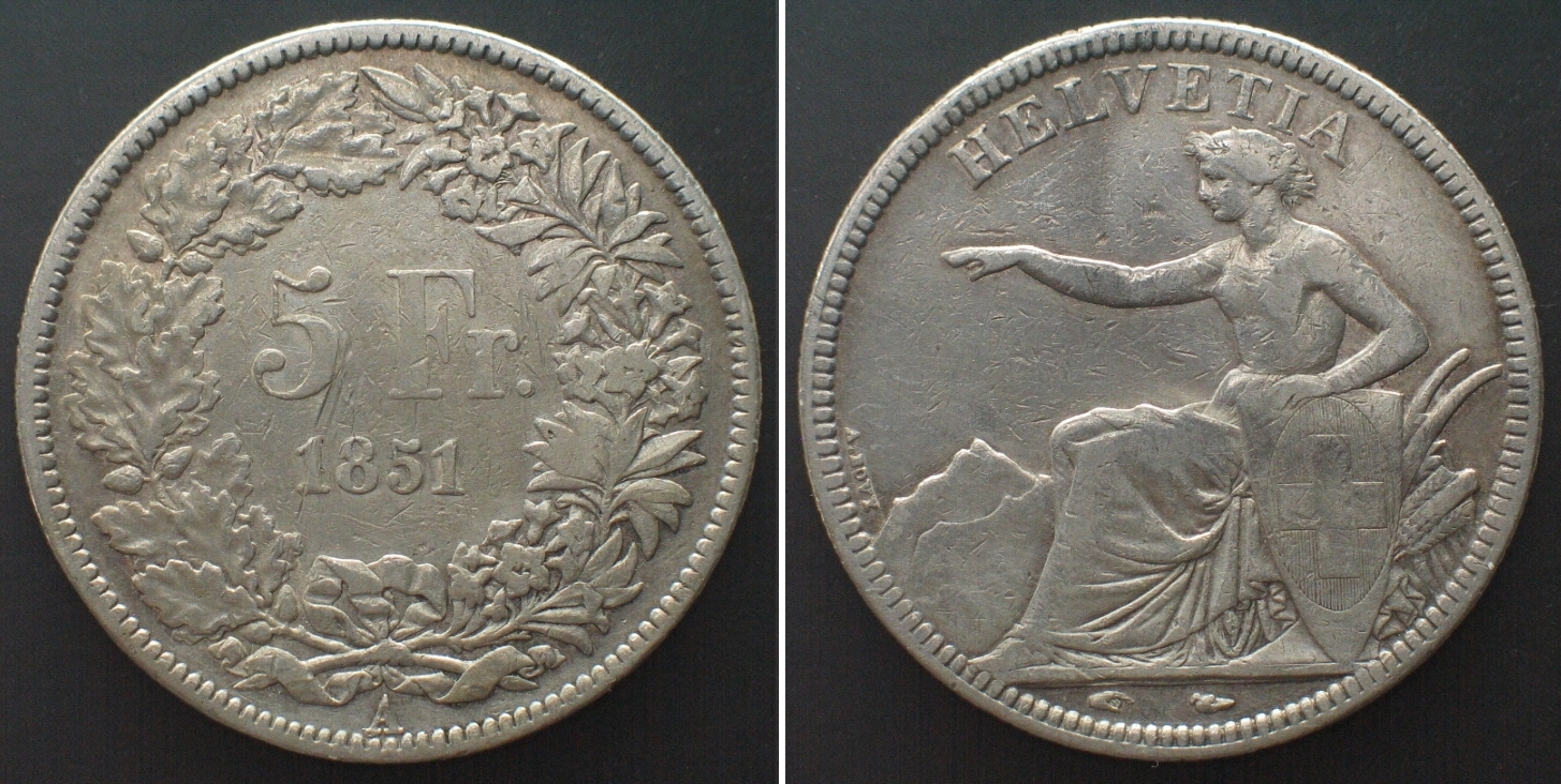 Schweiz SWITZERLAND 5 Francs 1851 A SEATED HELVETIA silver VF-XF VF-EF ...