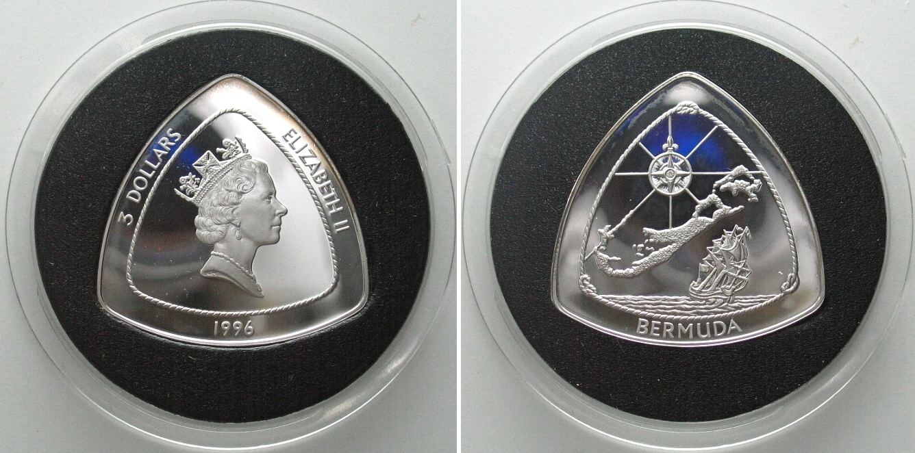 BERMUDA. 3 Dollars 1996, Ship, triangle shaped, silver, Proof | MA-Shops