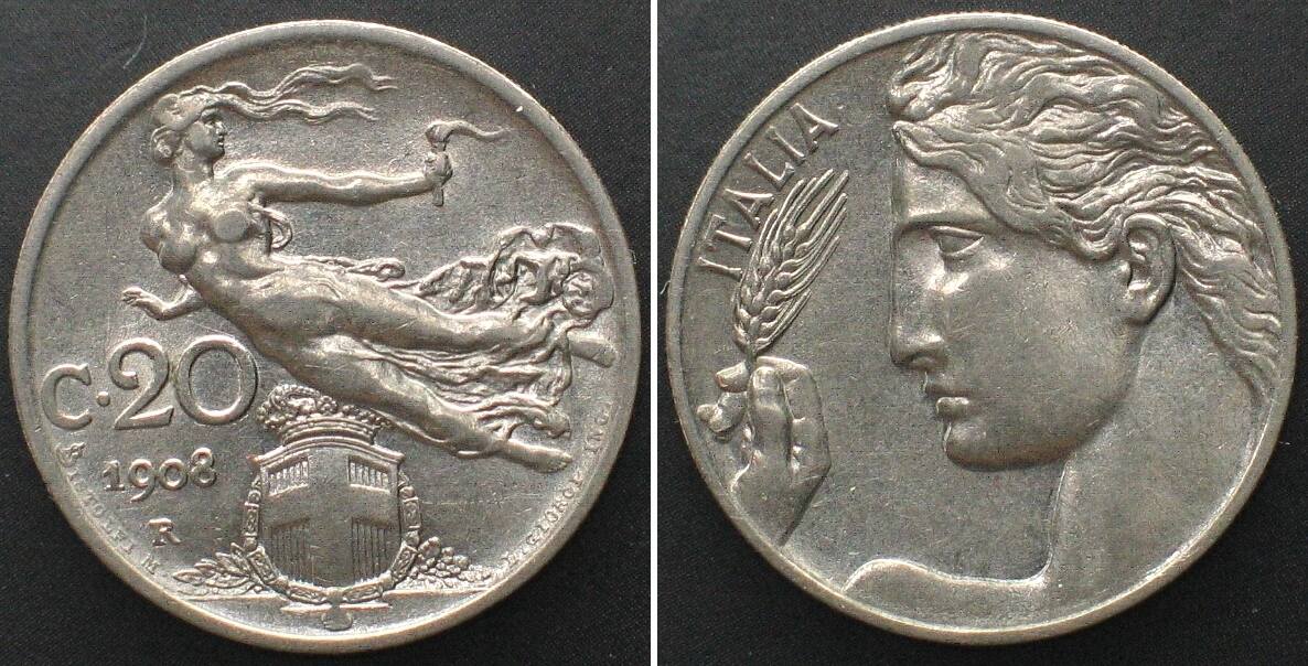 Italien ITALY 20 Centesimi 1908 R, Vittorio Emanuele III, nickel, UNC ...