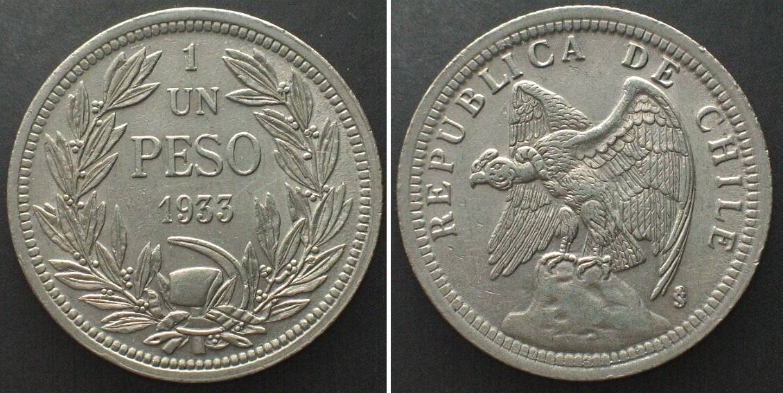 CHILE 1 Peso 1933 Condor Cu-Ni UNC-/UNC! UNC/UNC- | MA-Shops