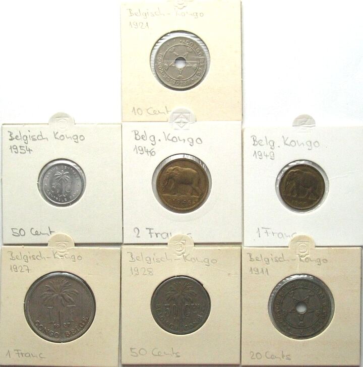 Belgisch Kongo BELGIAN CONGO Collection of 7 coins 1911-1954, in better ...