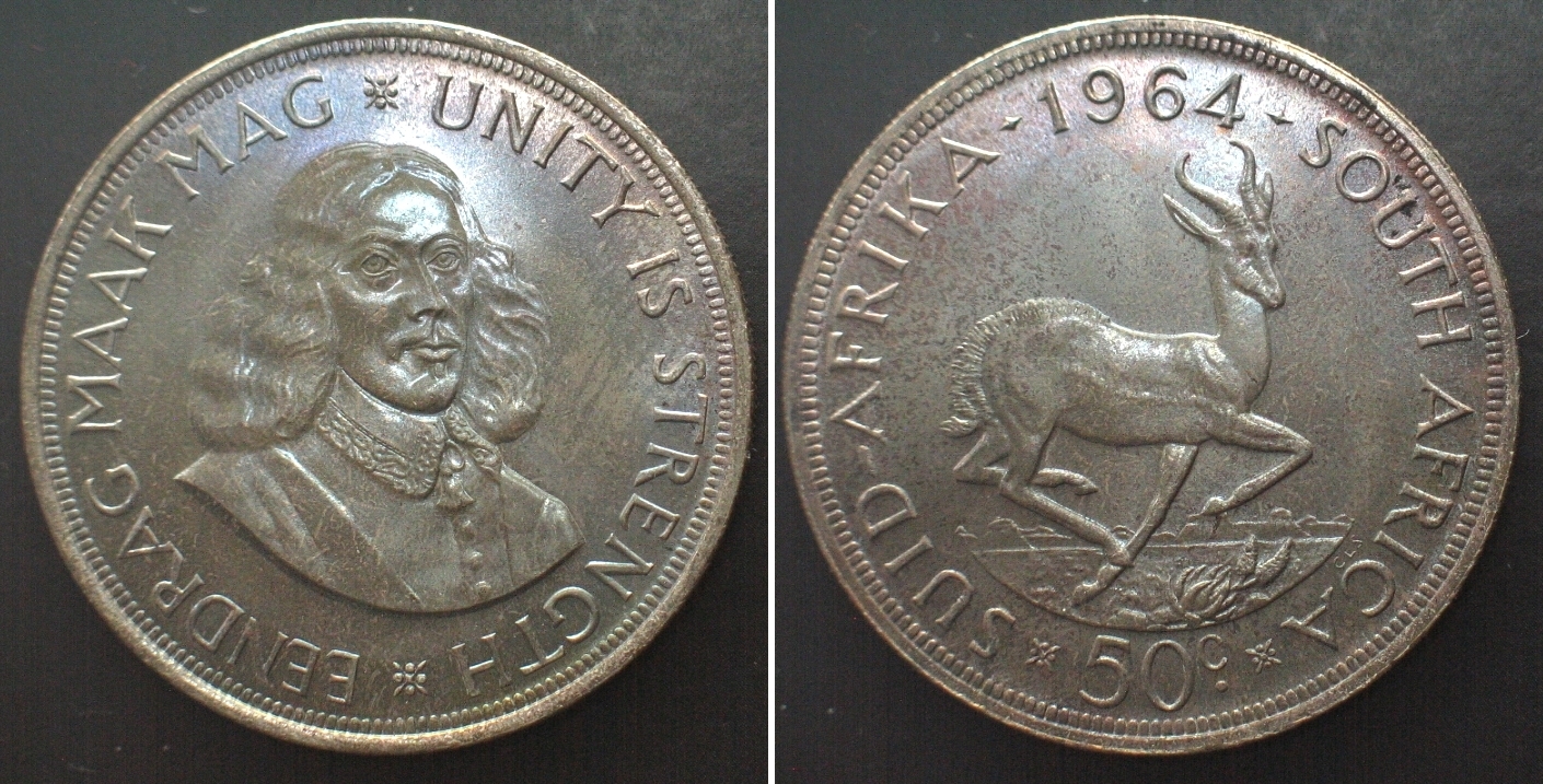Südafrika SOUTH AFRICA 50 Cents 1964, Springbok, Jan van Riebeeck ...