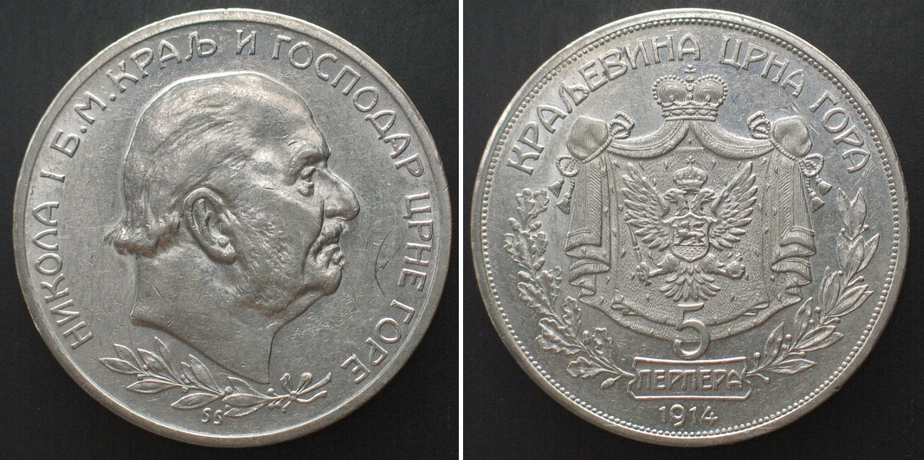 MONTENEGRO. Kingdom, 5 Perpera 1914 NICHOLAS I silver, key date! UNC!!! | MA-Shops