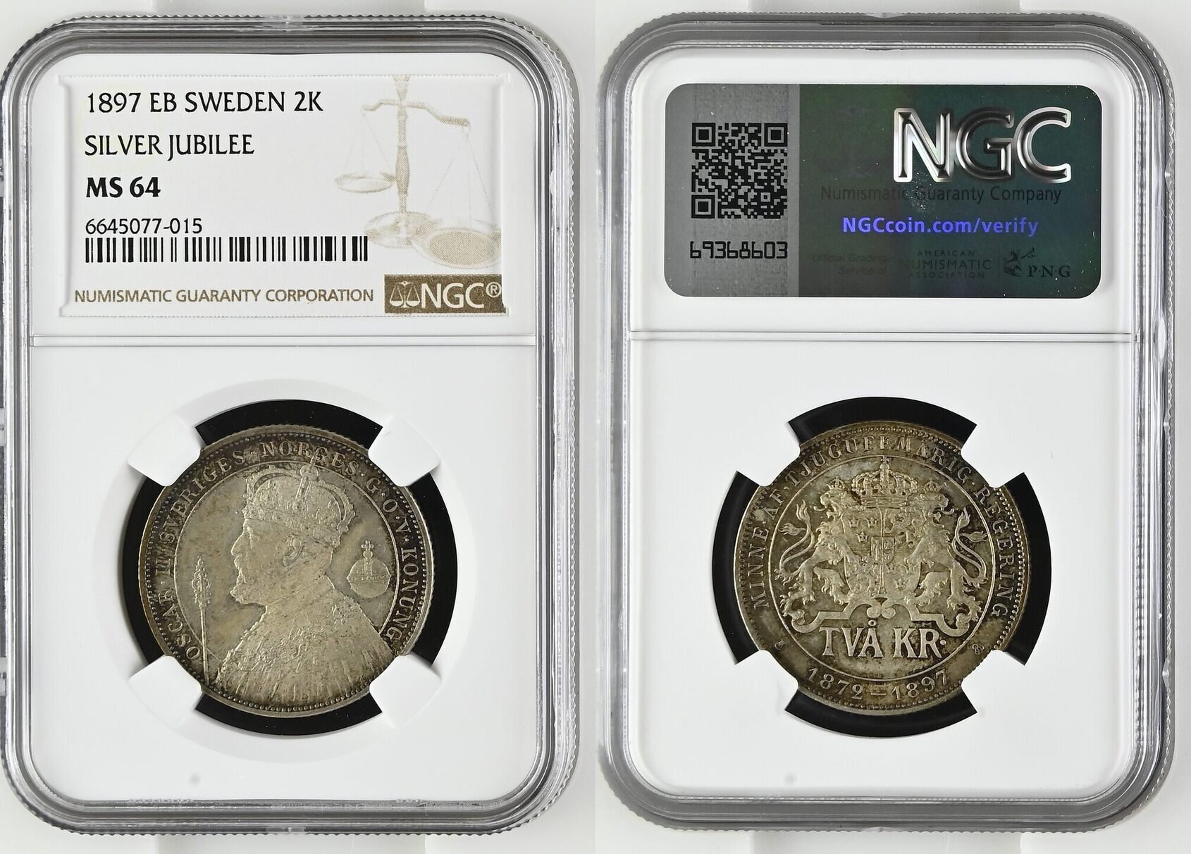 2K 1897 EB SWEDEN 2 Kronor 1897 Silver Jubilee OSCAR II silver NGC MS 64 | MA-Shops