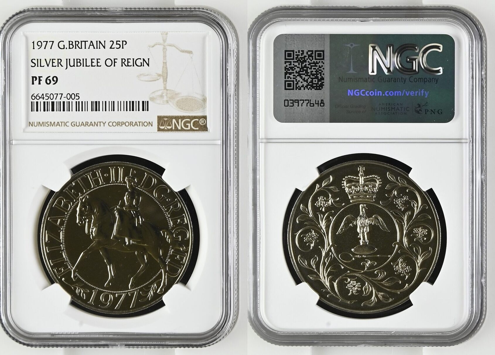 G.BRITAIN 25P UK 25 Pence 1977 SILVER JUBILEE ELIZABETH II Cu-Ni NGC PF ...