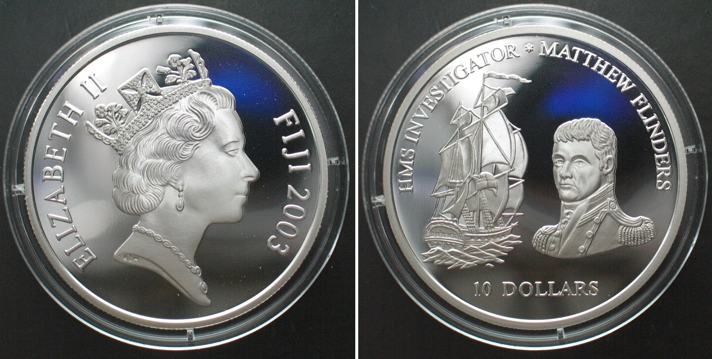 Fidschi FIJI 10 Dollars 2003 HMS Investigator MATTHEW FLINDERS silver ...