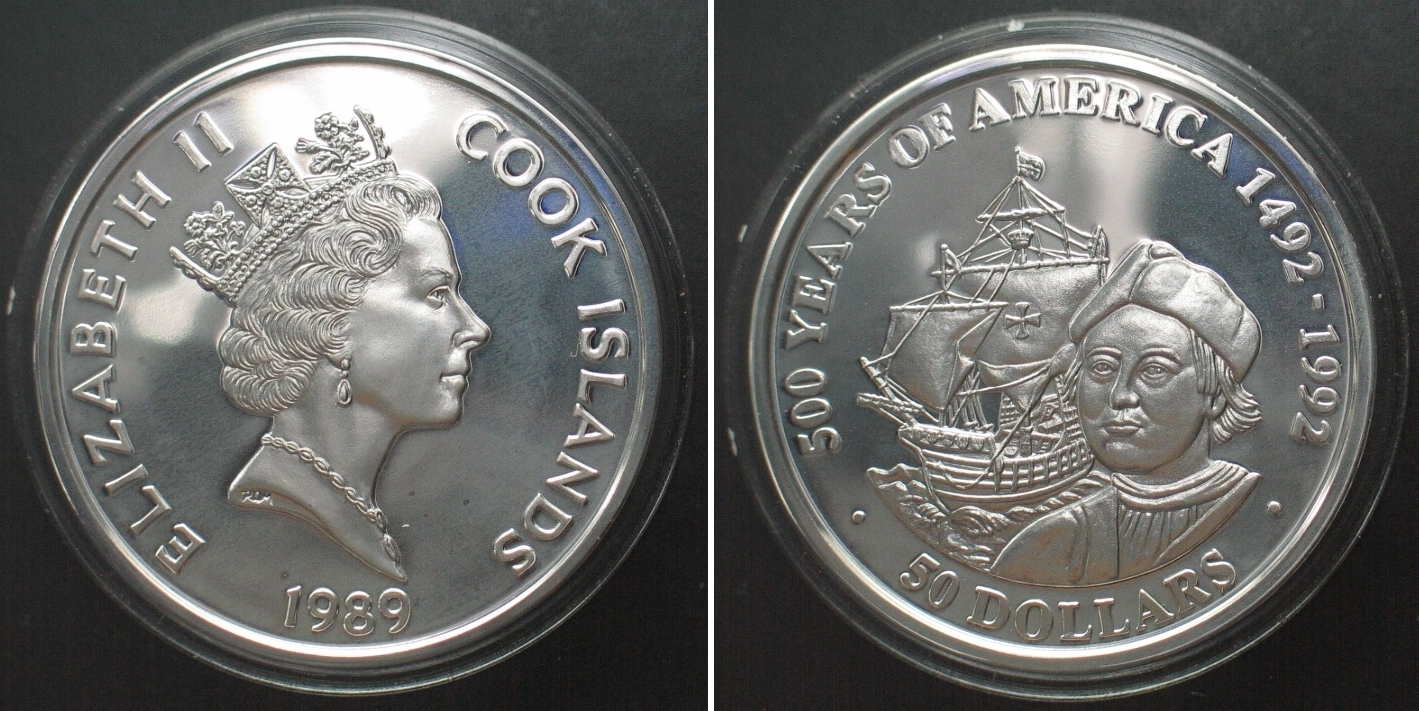 Cook-Inseln COOK ISLANDS 50 Dollars 1989, 500 Years of America COLUMBUS ...