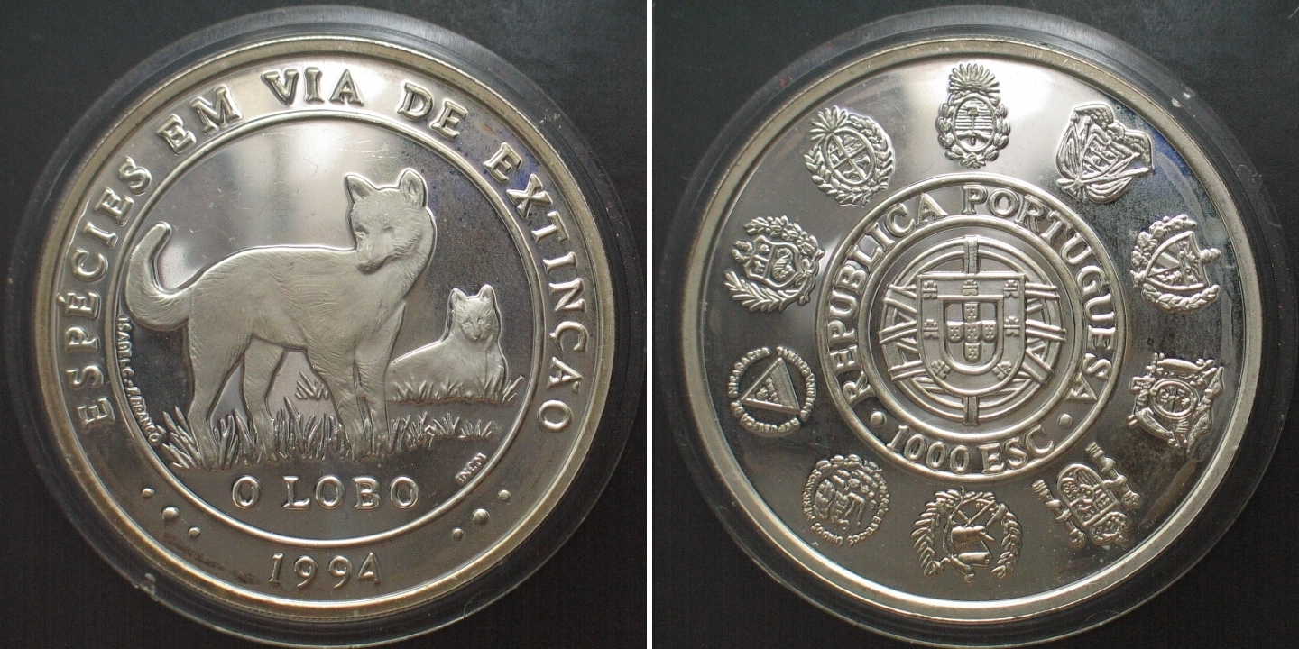 PORTUGAL 1000 Escudos 1994 Wolves WWF Ibero-America silver Proof SCARCE ...