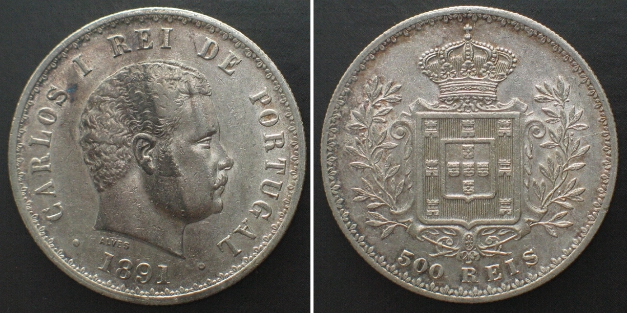 PORTUGAL 500 Reis 1891 CARLOS I silver AU! | MA-Shops