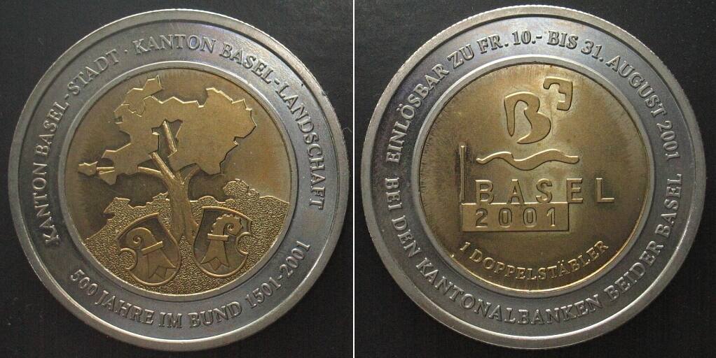 Schweiz - Basel Swiss BASEL 10 Francs (Doppelstabler) 2001 bi-mettalic ...