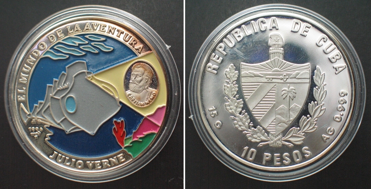 Kuba CUBA 10 Pesos 1996 Jules Verne CAPTAIN NEMO silver COLORED Proof ...
