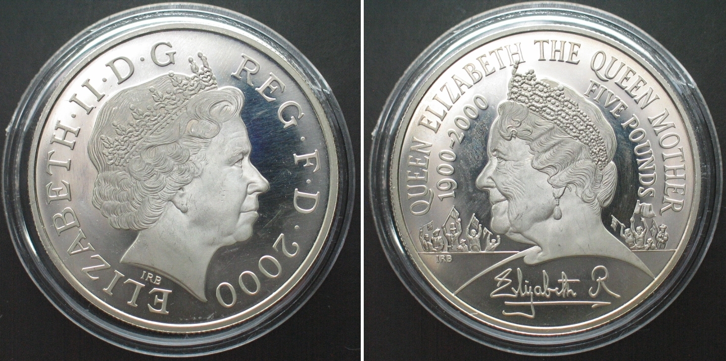 England GREAT BRITAIN 5 Pounds 2000 QUEEN MOTHER 100th BIRTHDAY silver ...
