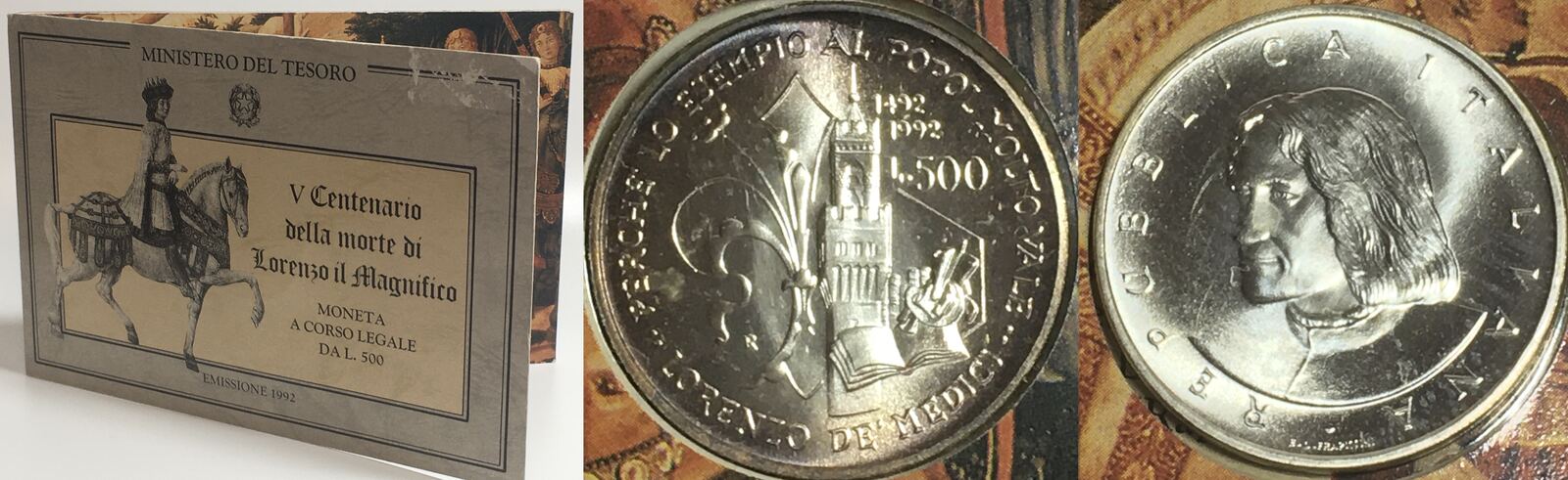 Italien ITALY 500 Lire 1992 LORENZO DE MEDICI silver BU in folder | MA-Shops