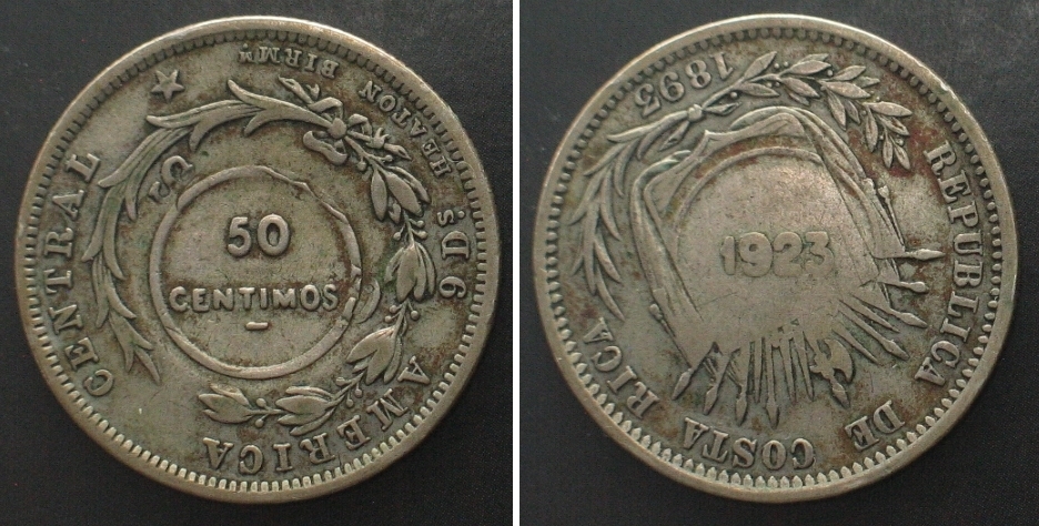 COSTA RICA 50 Centimos 1923 Type VIII counterstamped 25 Centavos 1893 silver VF+ | MA-Shops