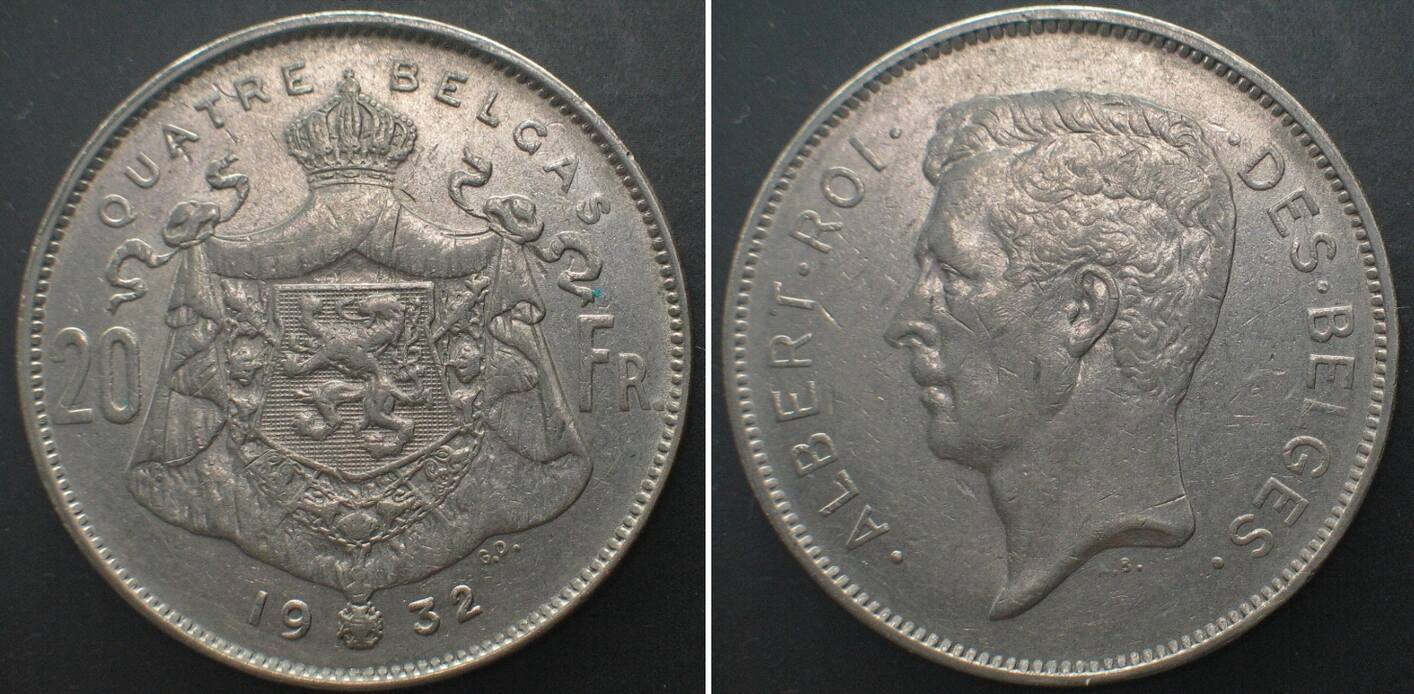 Belgien BELGIUM 20 Francs (QUATRE BELGAS) 1932 Pos. B, ALBERT I nickel AU! | MA-Shops