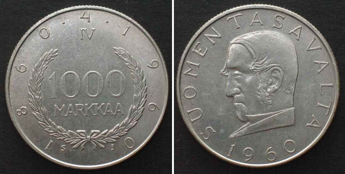 Finnland FINLAND 1000 Markkaa 1960 CURRENCY CENTENNIAL silver Prooflike ...