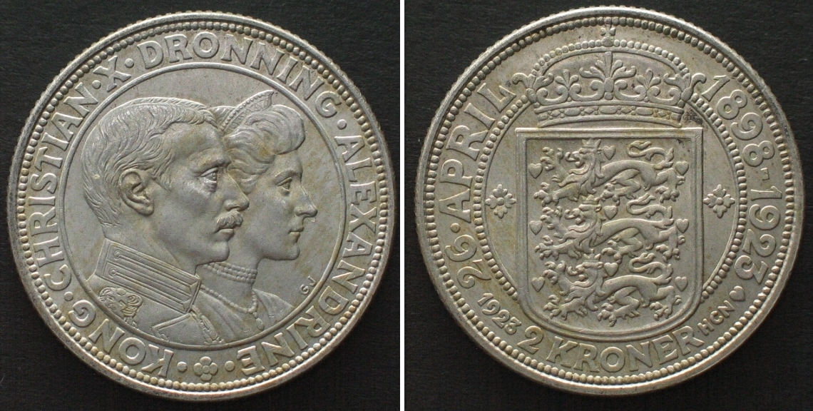 Dänemark DENMARK 2 Kroner 1923 Silver Wedding CHRISTIAN X silver UNC ...