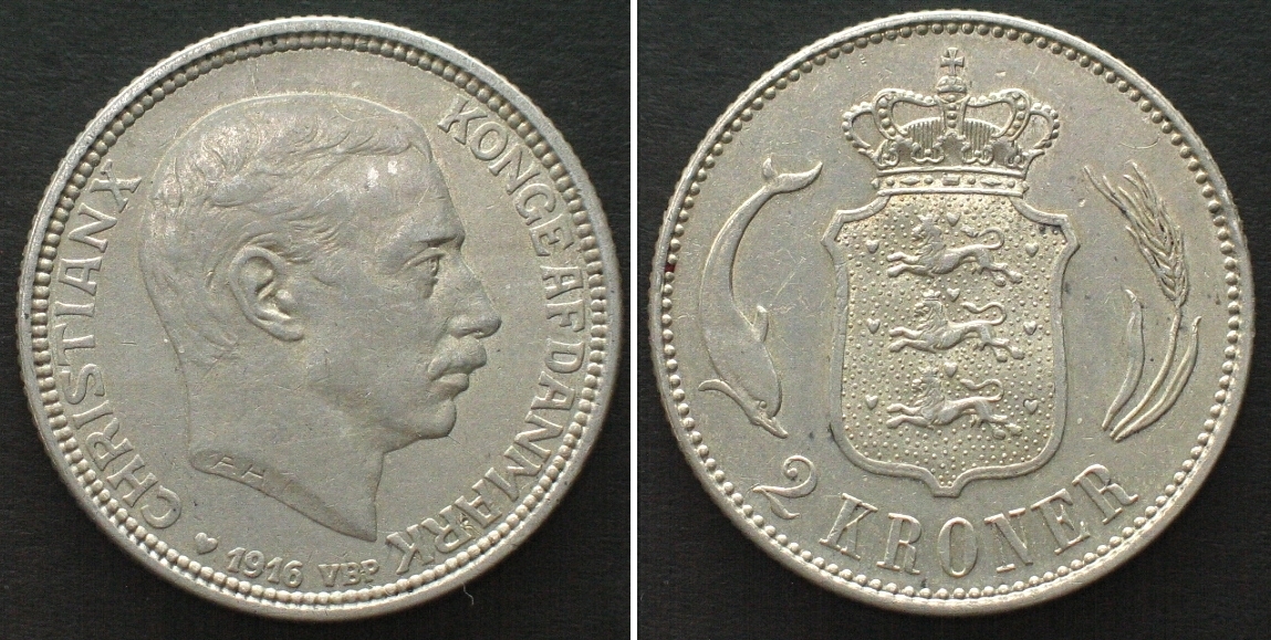 Dänemark DENMARK 2 Kroner 1916 CHRISTIAN X Silver AU! | MA-Shops