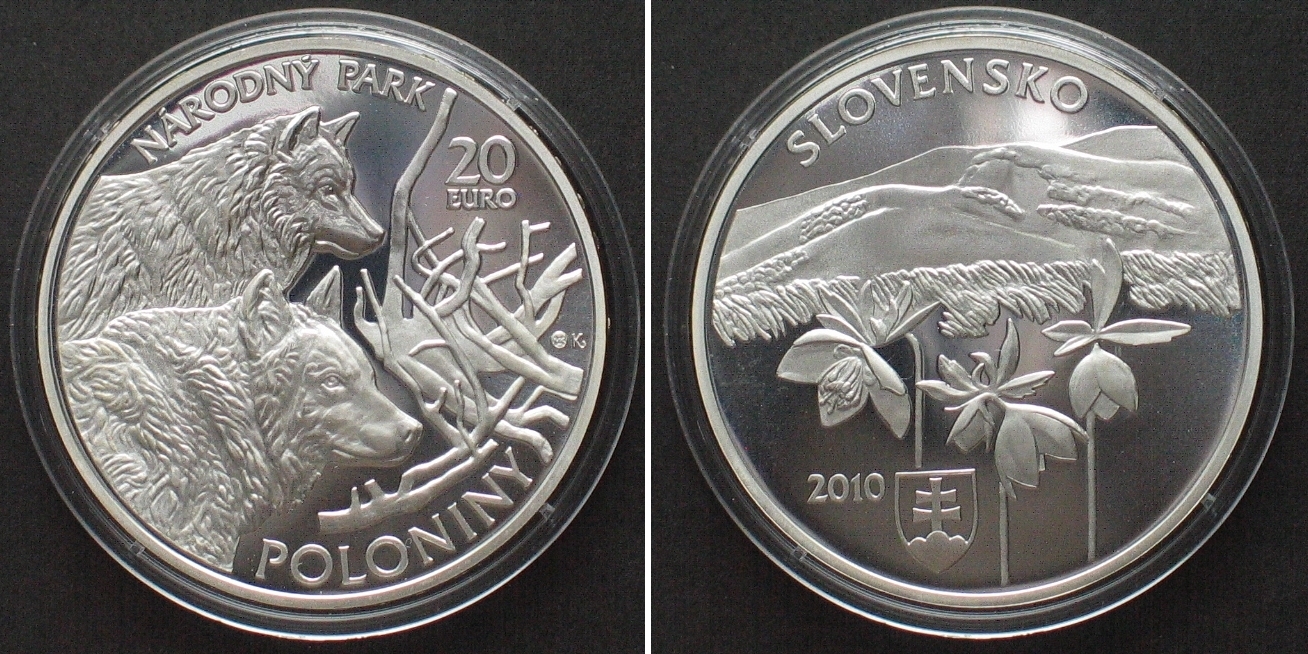 Slowakei SLOVAKIA 20 Euro 2010, Wolves, Poloniny National Park, silver ...
