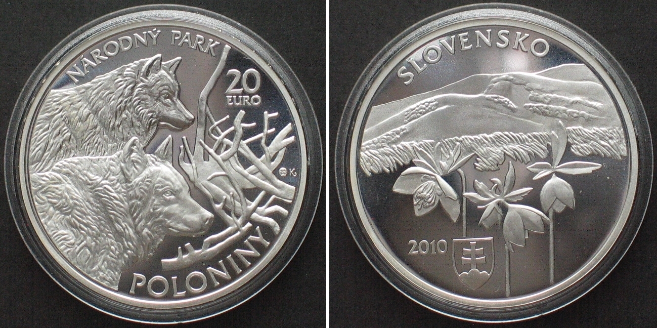 Slowakei SLOVAKIA 20 Euro 2010, Wolves, Poloniny National Park, silver ...