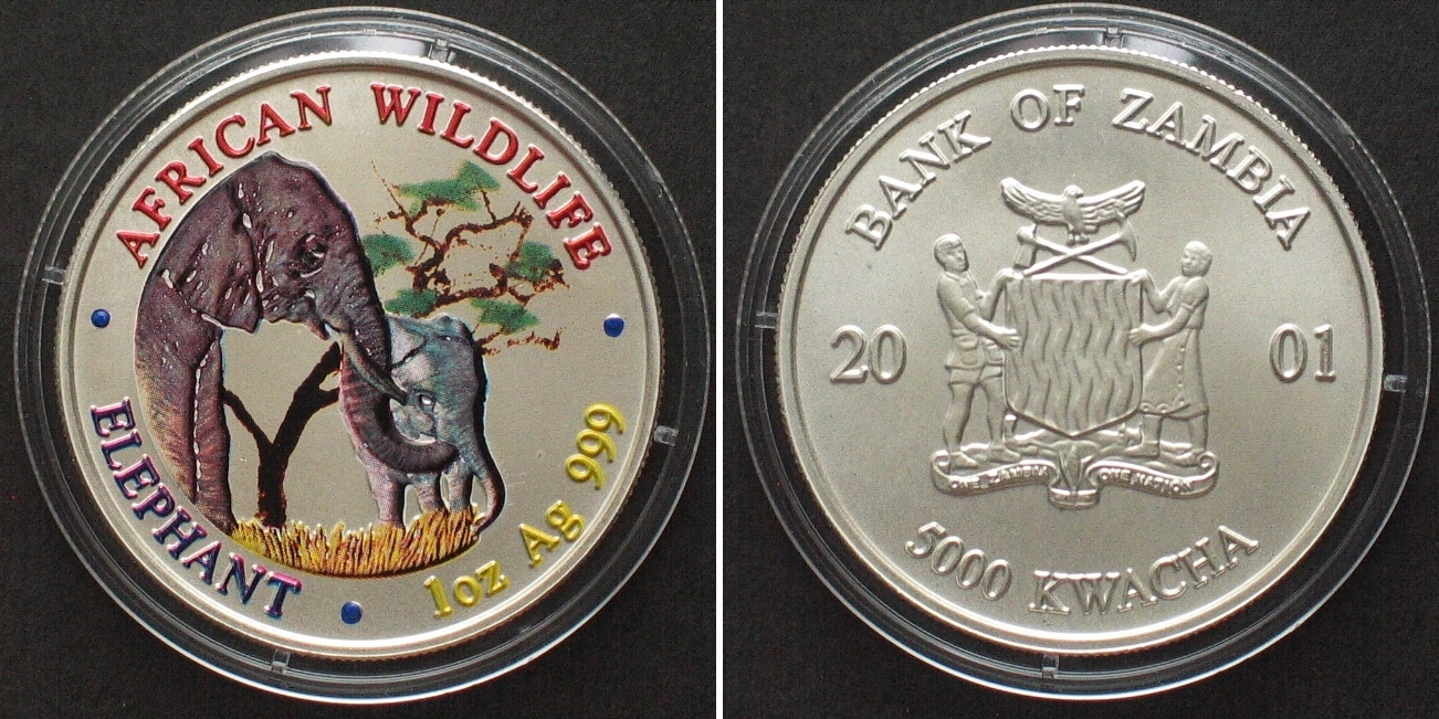 Sambia ZAMBIA 5000 Kwacha 2001 Elephants AFRICAN WILDLIFE silver 1oz ...